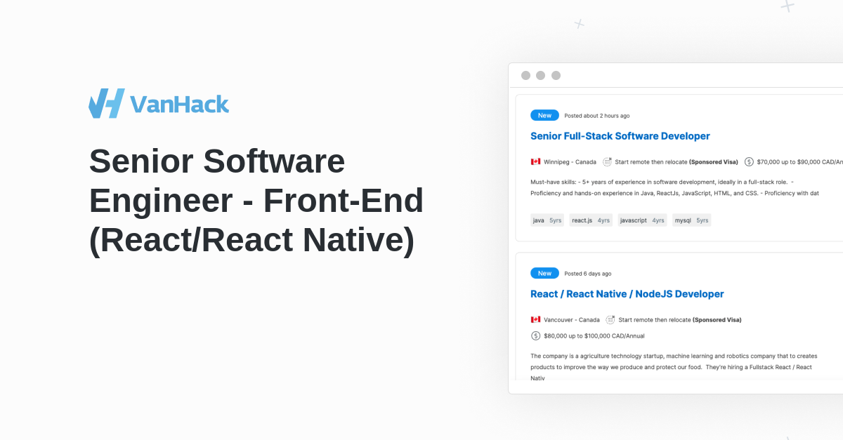 Senior Software Engineer - Front-End (React/React Native) - VanHack
